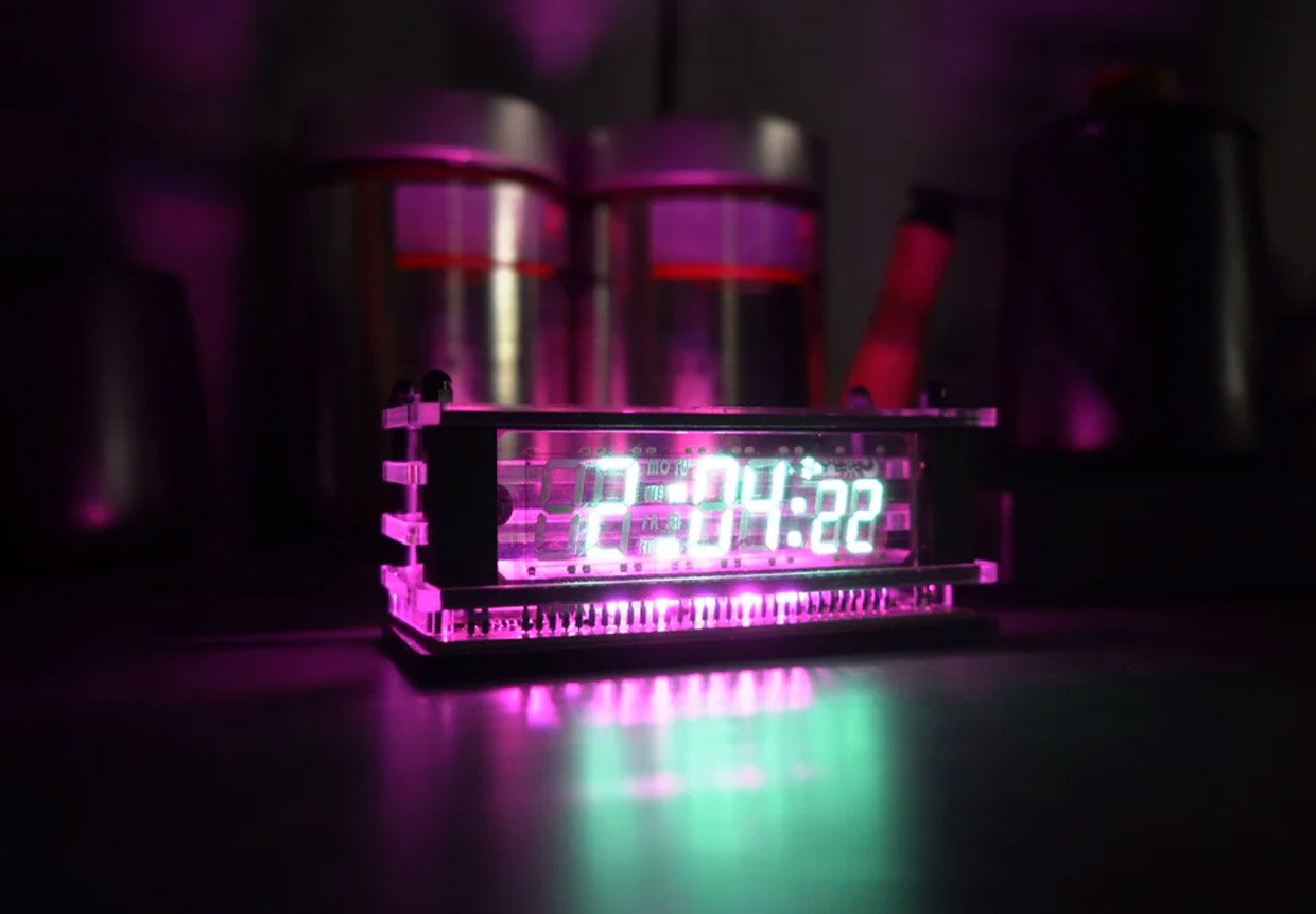 Retro-Style Digital Clock Glows with Vacuum Fluorescent Display and RGB Lighting