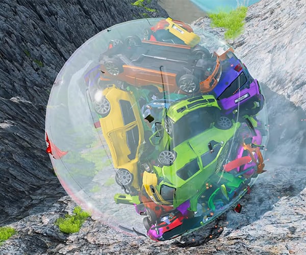 BeamNG’s Wildest Crash Yet? Cars Jammed Into a Giant Bouncy Ball